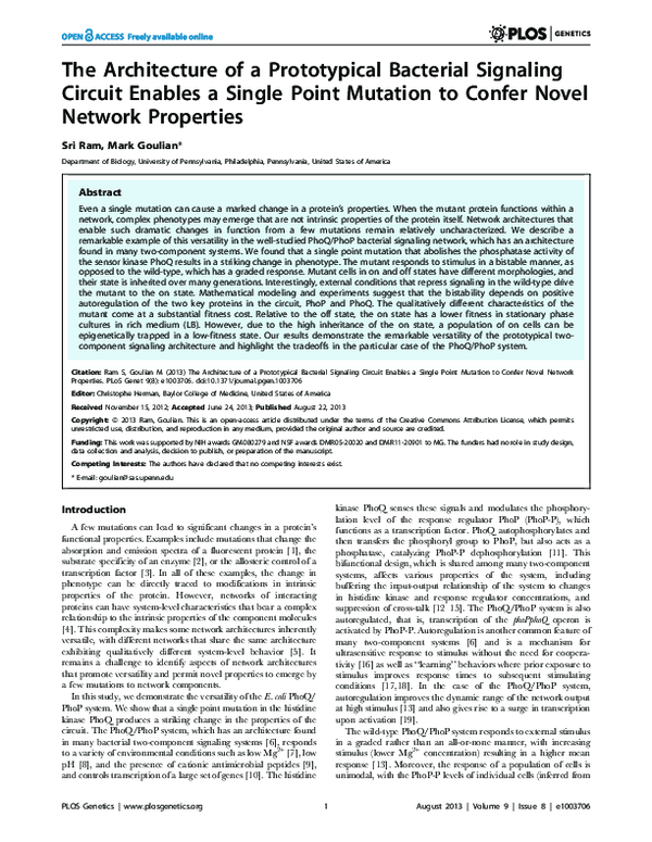 (PDF) The Architecture of a Prototypical Bacterial Signaling Circuit Enables a Single Point ...
