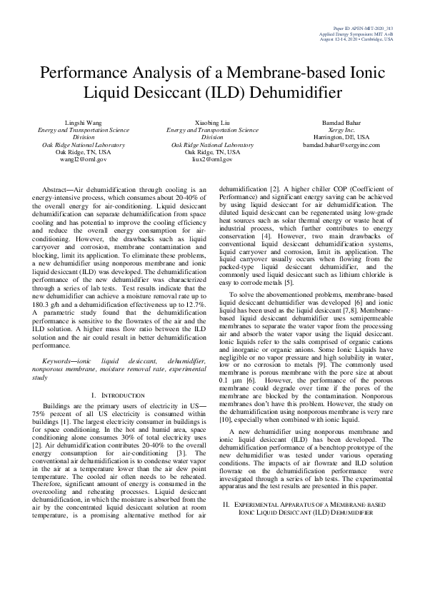 (PDF) Performance Analysis of a Membrane-based Ionic Liquid Desiccant (ILD) Dehumidifier