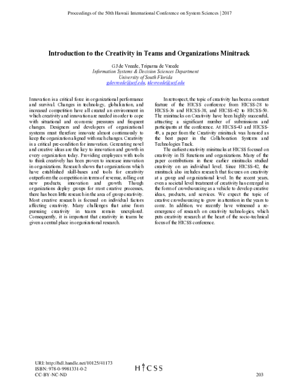 (PDF) Introduction to Creativity in Teams and Organizations Minitrack