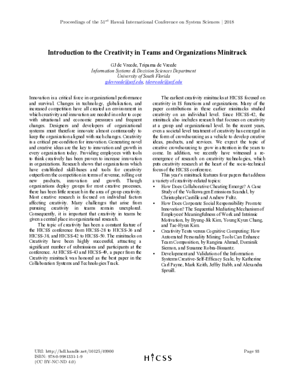 (PDF) Introduction to the Minitrack on Creativity in Teams