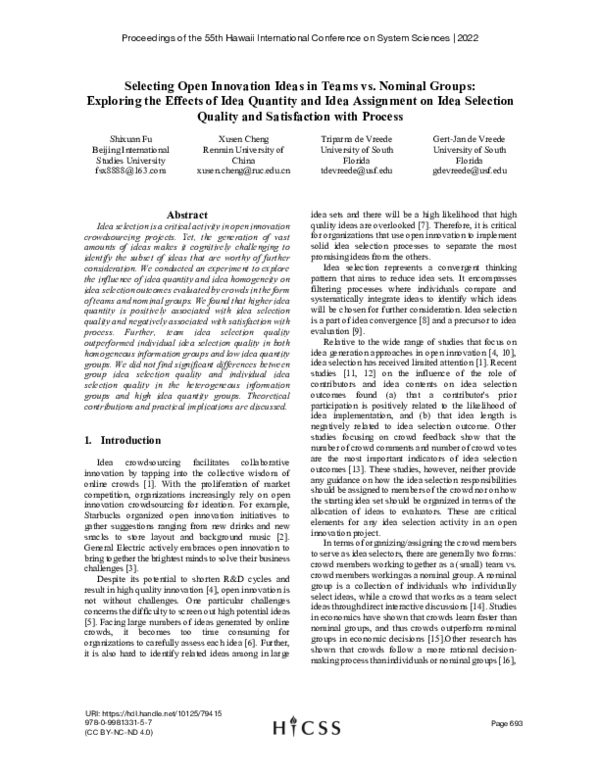 (PDF) Selecting Open Innovation Ideas in Teams vs. Nominal Groups: Exploring the Effects of Idea ...