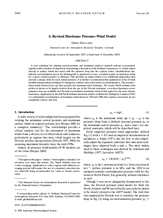 (PDF) A Revised Hurricane Pressure–Wind Model