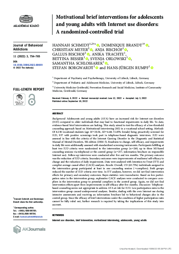 (PDF) Motivational brief interventions for adolescents and young adults with Internet use ...