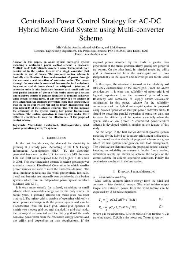 (PDF) Centralized power control strategy for AC-DC hybrid micro-grid system using multi ...