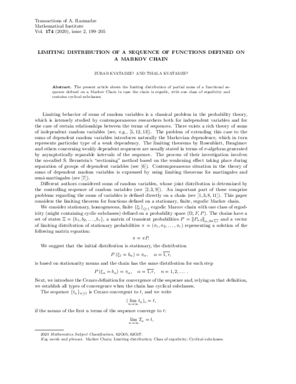 (PDF) Limiting Distribution of a Sequence of Functions Defined on a Markov Chain