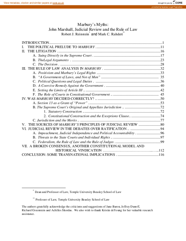 (PDF) Marbury\u27s Myths: John Marshall, Judicial Review and the Rule ...