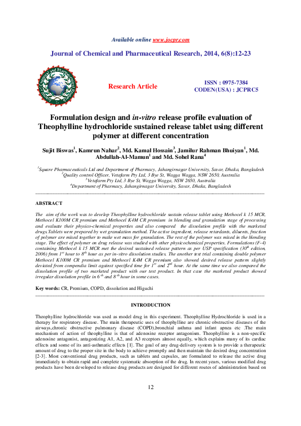Pdf Formulation Design And In Vitro Release Profile Evaluation Of Theophylline Hydrochloride