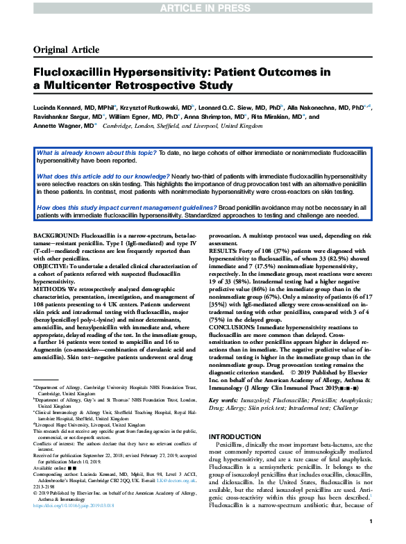 (PDF) Flucloxacillin Hypersensitivity: Patient Outcomes in a Multicenter Retrospective Study