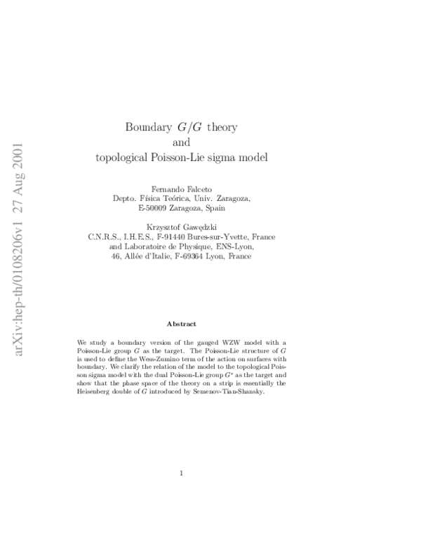 (PDF) Boundary G/G Theory and Topological Poisson–Lie Sigma Model