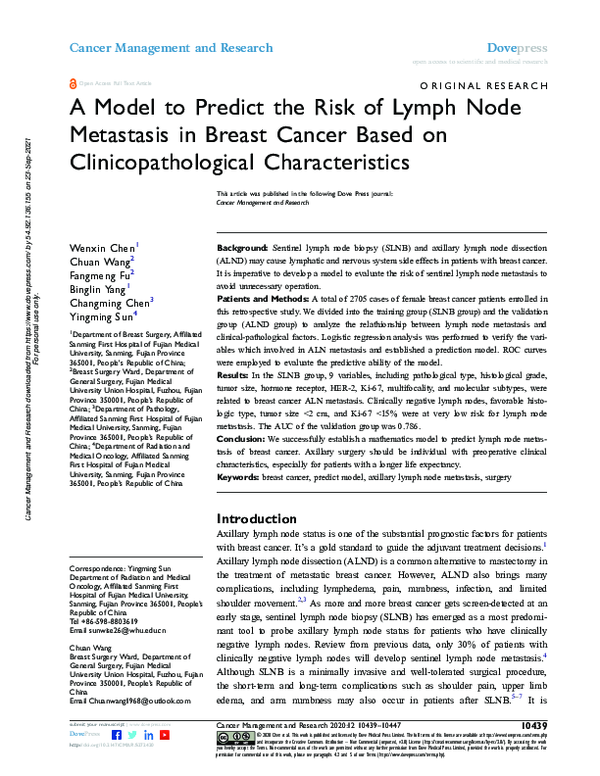 (PDF) A Model to Predict the Risk of Lymph Node Metastasis in Breast Cancer Based on ...