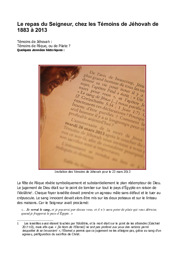 (PDF) Le repas du Seigneur de 1883 - 2013 chez les Témoins de Jéhovah