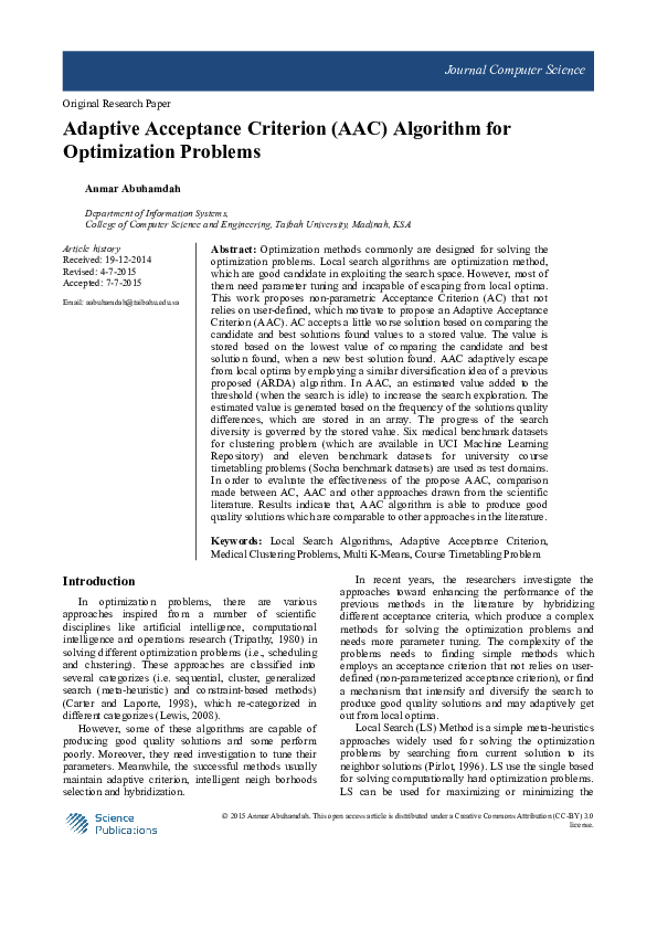 (PDF) Adaptive Acceptance Criterion (AAC) Algorithm for Optimization Problems