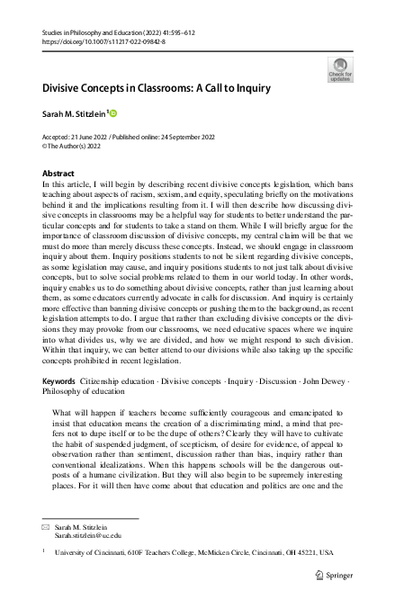 (PDF) Divisive Concepts in Classrooms: A Call to Inquiry