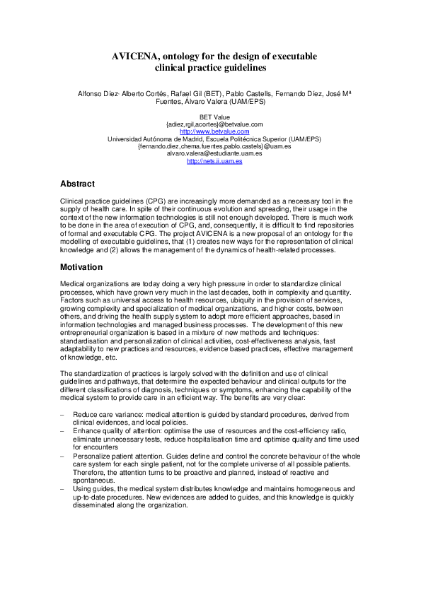(PDF) AVICENA, ontology for the design of executable clinical practice guidelines