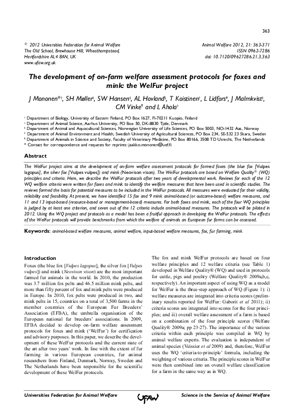 (PDF) The development of on-farm welfare assessment protocols for foxes ...