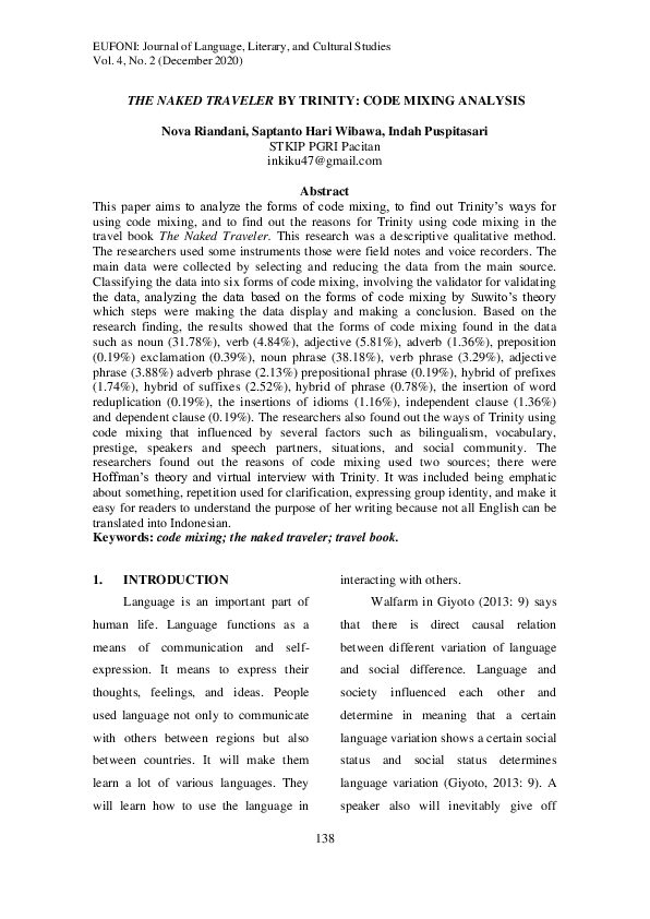 (PDF) The Naked Traveler by Trinity: Code Mixing Analysis