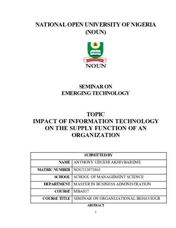(DOC) NATIONAL OPEN UNIVERSITY OF NIGERIA (NOUN) SEMINAR ON EMERGING ...