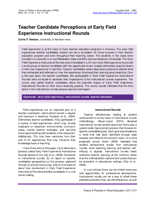 (PDF) Teacher Candidate Perceptions of Early Field Experience Instructional Rounds