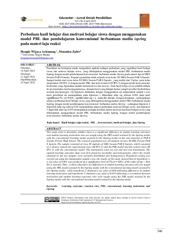 (PDF) Perbedaan hasil belajar dan motivasi belajar siswa dengan menggunakan model PBL dan ...