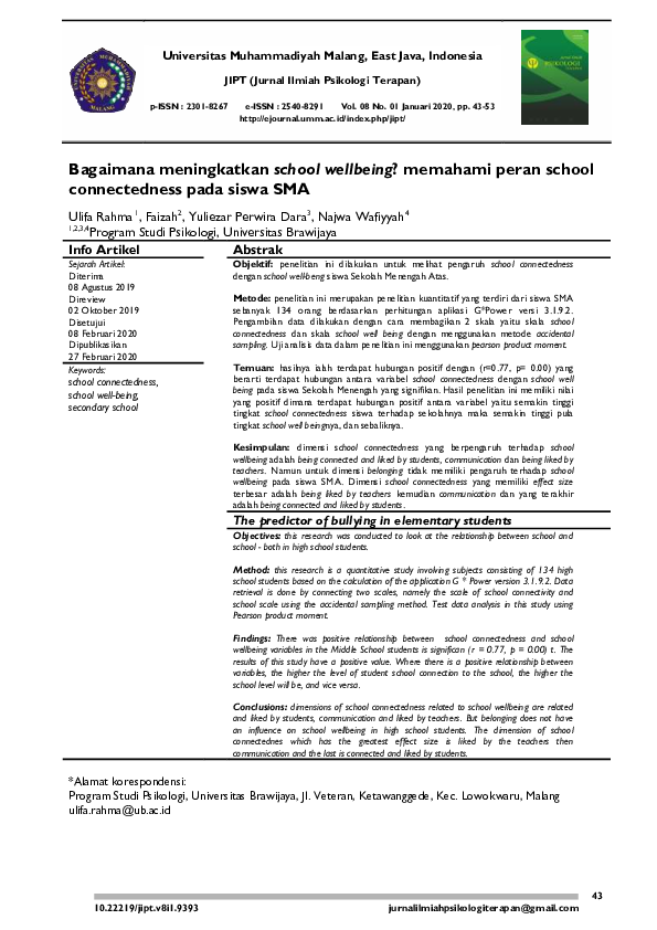 (PDF) Bagaimana meningkatkan school well-being? Memahami peran school connectedness pada siswa SMA
