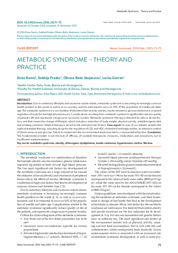 Metabolic Syndrome - Theory and Practice