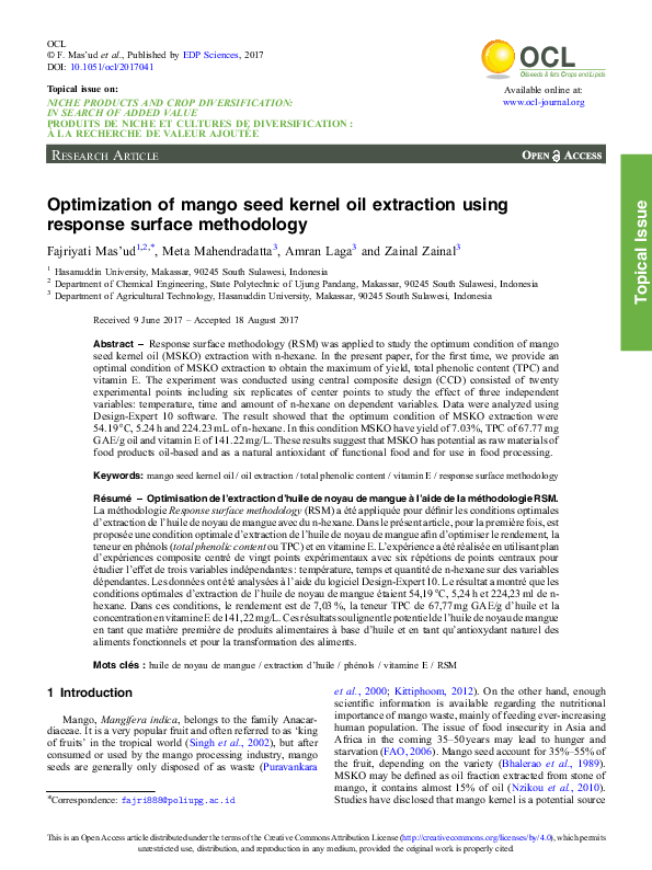 (PDF) Optimization of mango seed kernel oil extraction using response surface methodology