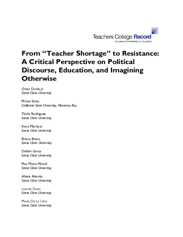 (PDF) From "Teacher Shortage" to Resistance: A Critical Perspective on ...