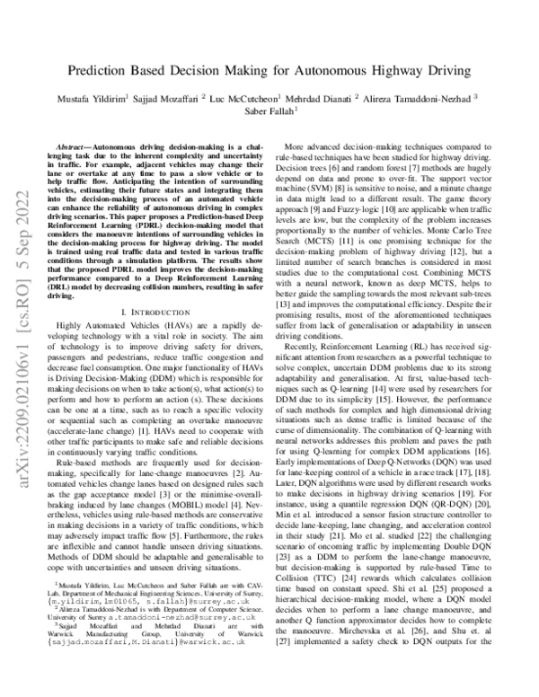 (PDF) Prediction Based Decision Making for Autonomous Highway Driving