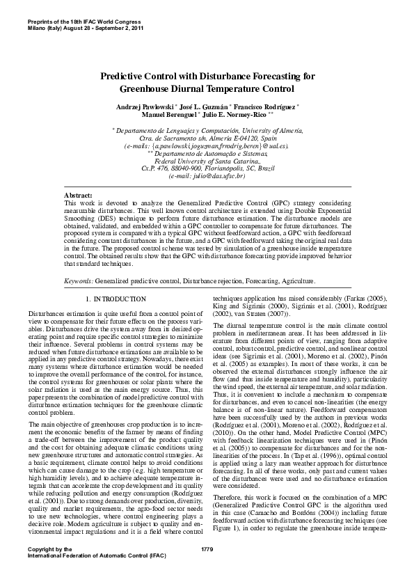 (PDF) Predictive control with disturbance forecasting for greenhouse diurnal temperature control