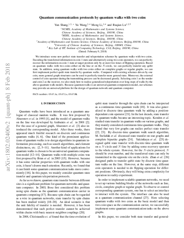 (PDF) Quantum communication protocols by quantum walks with two coins