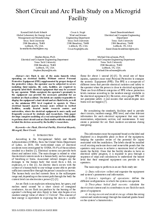 (PDF) Short Circuit and Arc Flash Study on a Microgrid Facility