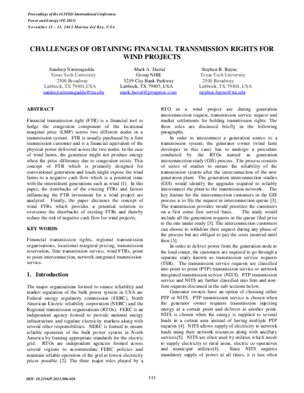 (PDF) Challenges of Obtaining Financial Transmission Rights for Wind ...