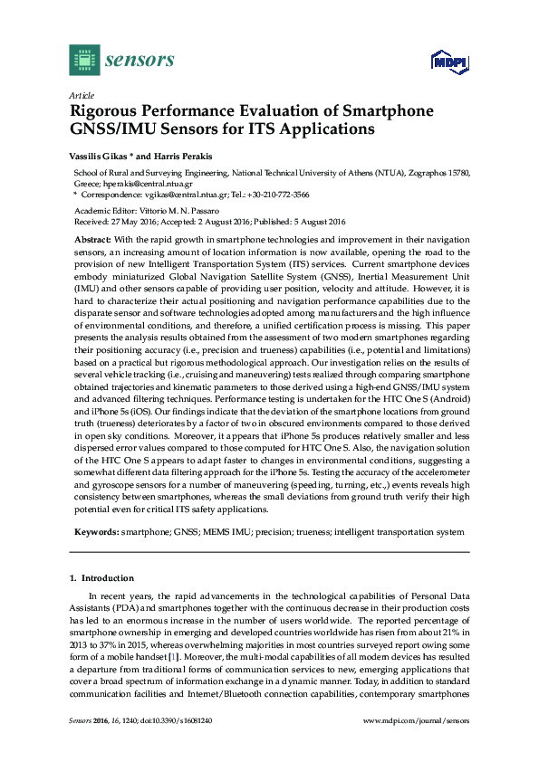 (PDF) Rigorous Performance Evaluation of Smartphone GNSS/IMU Sensors for ITS Applications