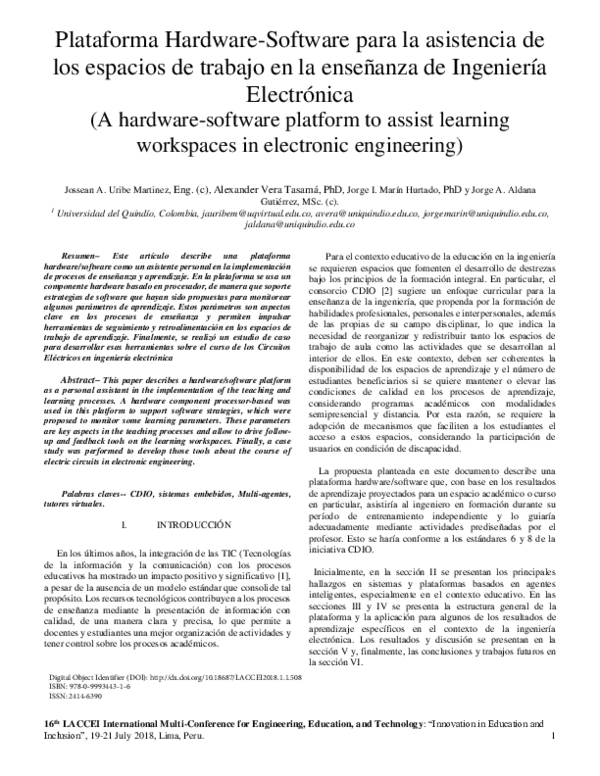 (PDF) Plataforma Hardware-Software para la asistencia de los espacios de trabajo en la enseñanza ...