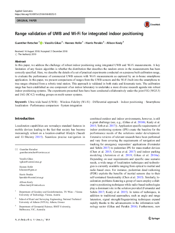 Pdf Range Validation Of Uwb And Wi Fi For Integrated Indoor Positioning