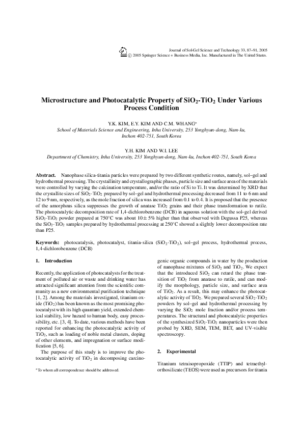 (PDF) Microstructure and Photocatalytic Property of SiO2-TiO2 Under Various Process Condition