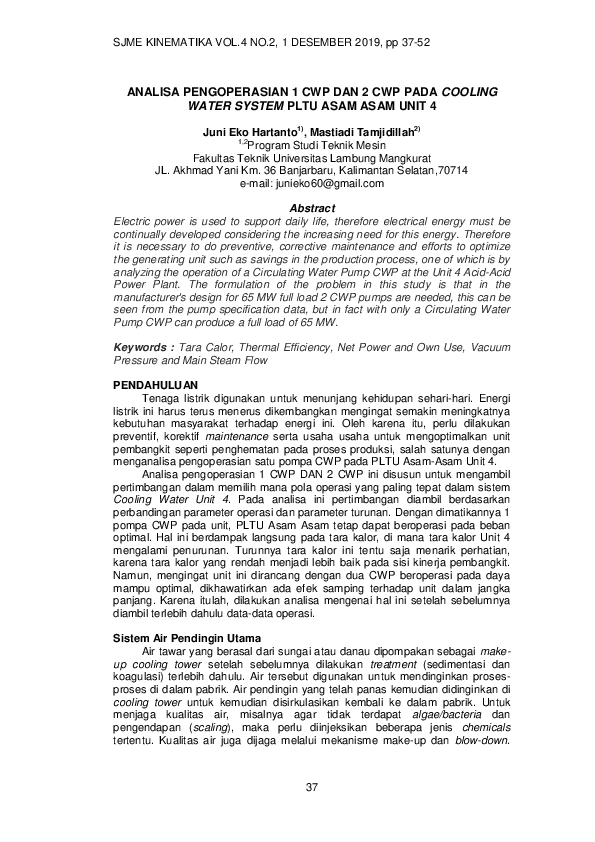 (PDF) Analisa Pengoperasian 1 CWP Dan 2 CWP Pada Cooling Water System Pltu Asam Asam Unit 4 ...