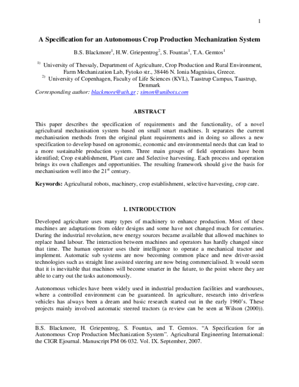 (PDF) A Specification for an Autonomous Crop Production Mechanization ...