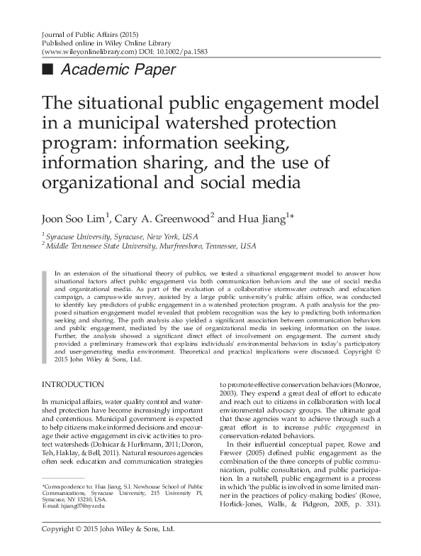 (PDF) The situational public engagement model in a municipal watershed ...