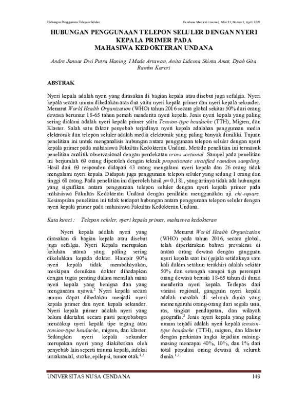 (PDF) Hubungan Penggunaan Telepon Seluler Dengan Nyeri Kepala Primer Pada Mahasiwa Kedokteran ...