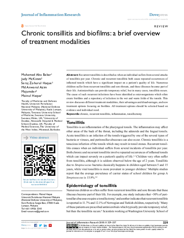 (PDF) Chronic tonsillitis and biofilms: a brief overview of treatment modalities