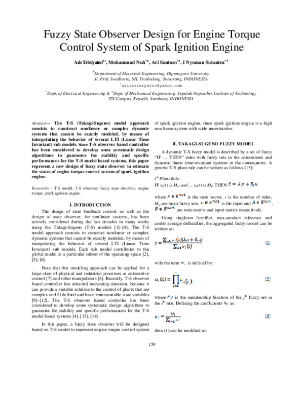 Pdf Fuzzy State Observer Design For Engine Torque Control System Of Spark Ignition Engine