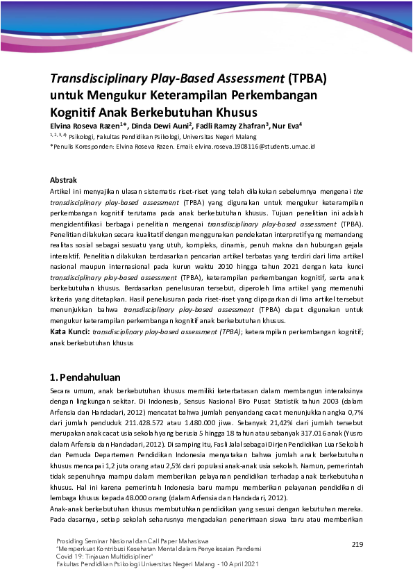 (PDF) Transdisciplinary Play-Based Assessment (TPBA) untuk Mengukur Keterampilan Perkembangan ...