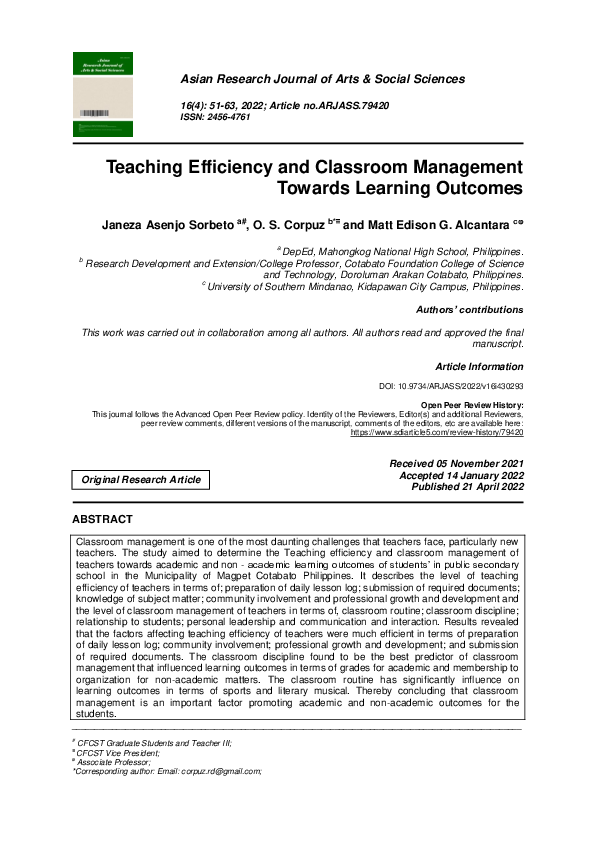Pdf Teaching Efficiency And Classroom Management Towards Learning