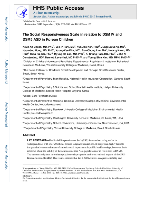 (PDF) The social responsiveness scale in relation to DSM IV and DSM5 ...
