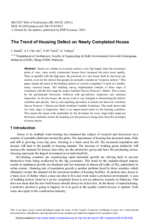 (PDF) The Trend of Housing Defect on Newly Completed House