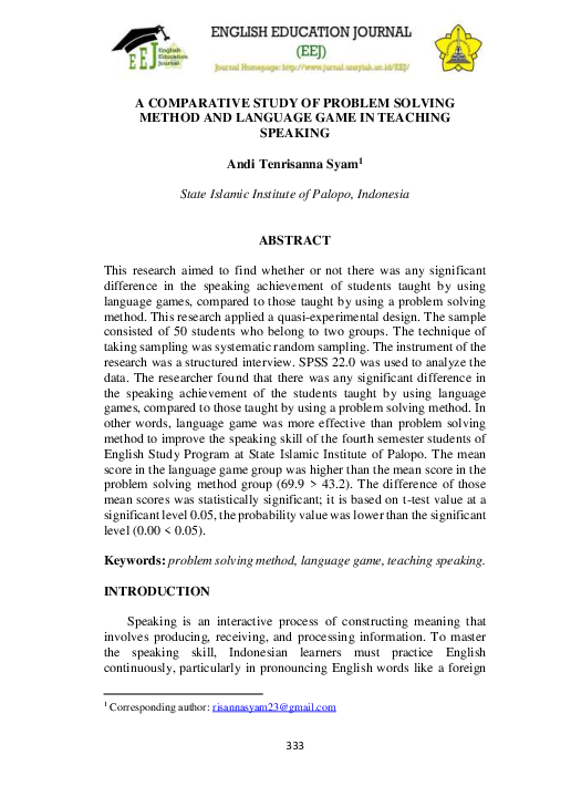 (PDF) A Comparative Study of Problem Solving Method and Language Game in Teaching Speaking