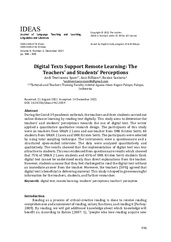 (PDF) Digital Texts Support Remote Learning: The Teachers’ and Students ...