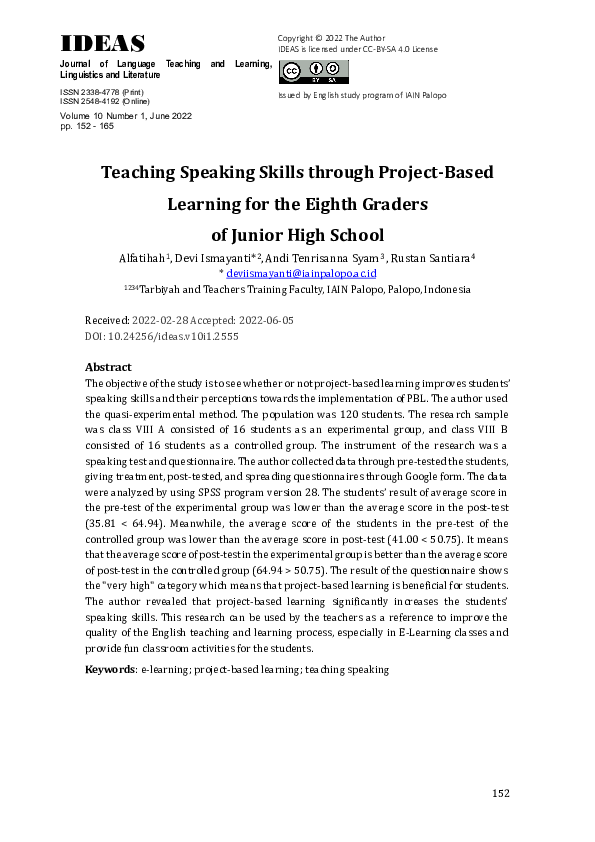 (PDF) Teaching Speaking Skills through Project-Based Learning for the Eighth Graders of SMP ...
