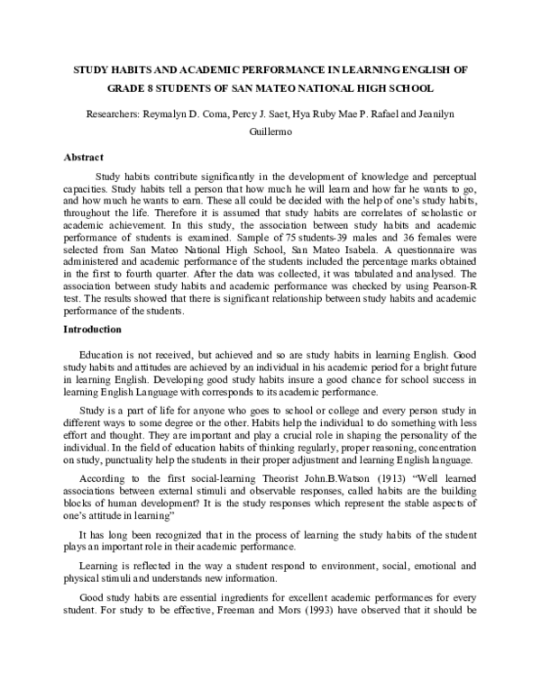 (DOC) STUDY HABITS AND ACADEMIC PERFORMANCE IN LEARNING ENGLISH OF ...